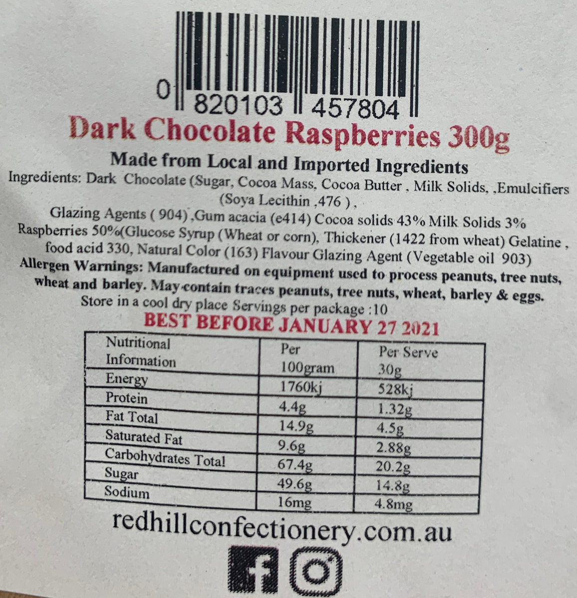 Red Hill Confectionery - Dark Chocolate Coated Raspberries 300g Bag